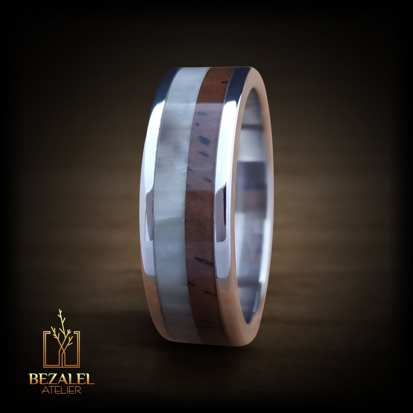 Horn Inlay Stainless Steel Ring - Kudu & Leadwood – bezalelatelier